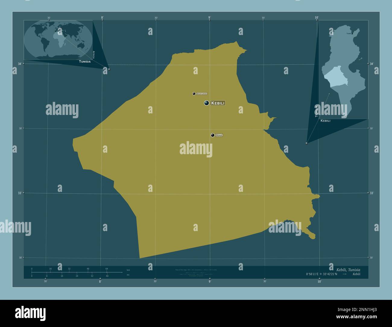Kebili, governorate of Tunisia. Solid color shape. Locations and names ...