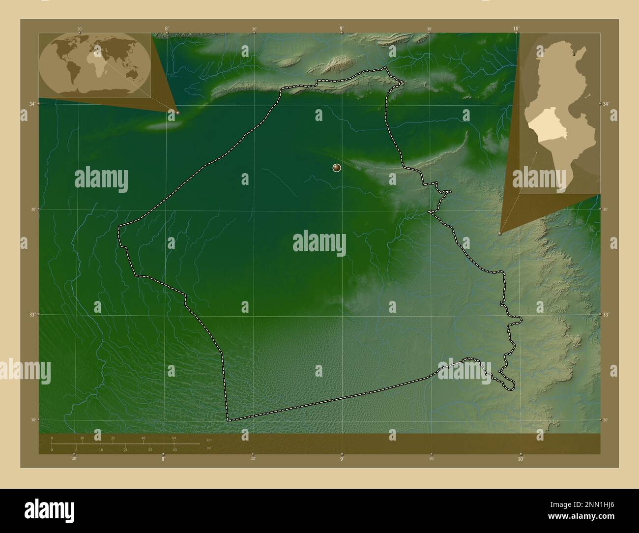 Kebili, governorate of Tunisia. Colored elevation map with lakes and ...