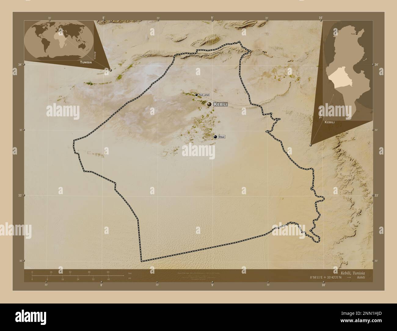 Kebili, governorate of Tunisia. Low resolution satellite map. Locations ...