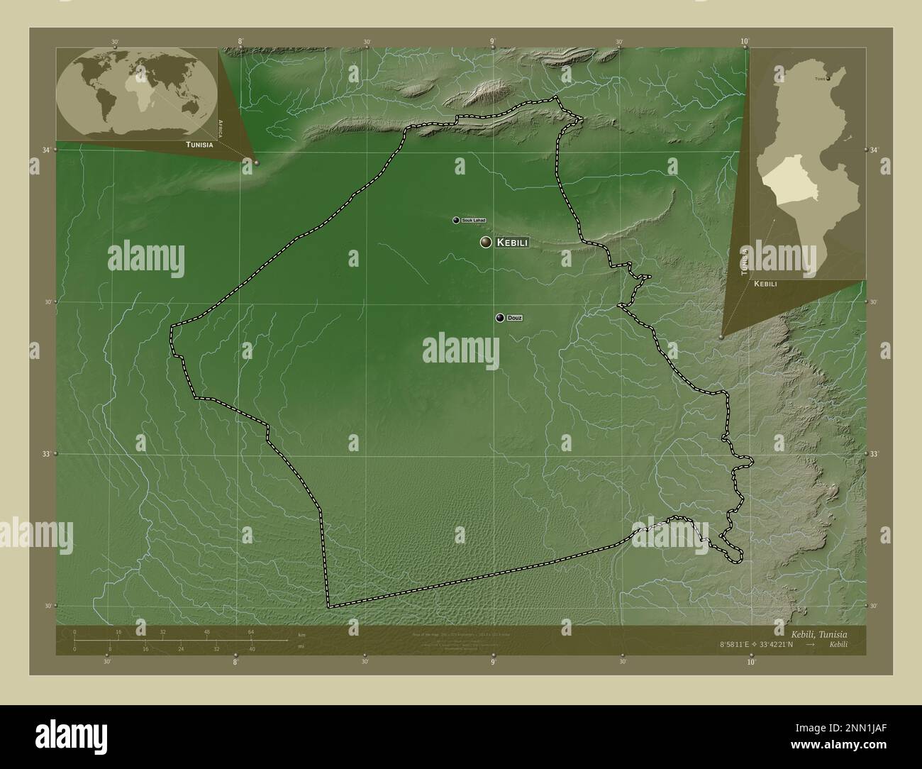 Kebili, governorate of Tunisia. Elevation map colored in wiki style ...