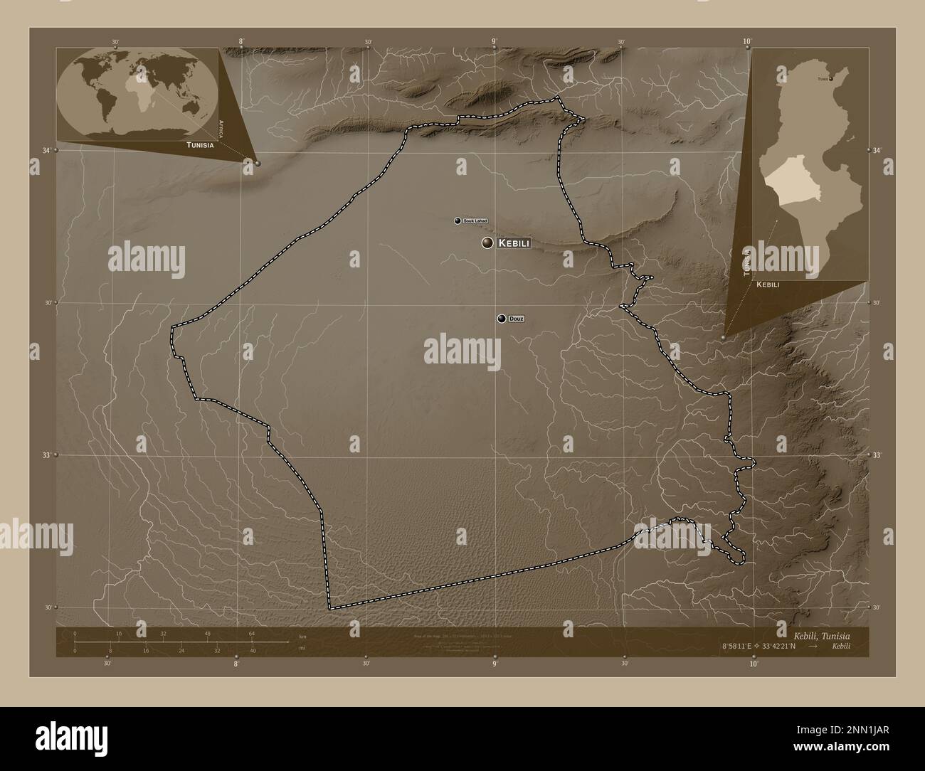 Kebili, governorate of Tunisia. Elevation map colored in sepia tones ...