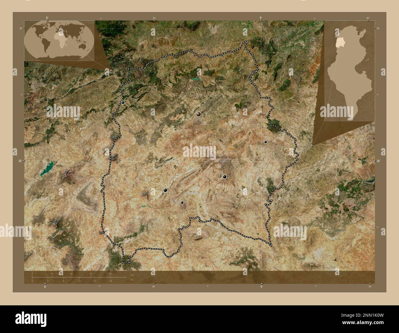 Le Kef, governorate of Tunisia. Low resolution satellite map. Locations ...