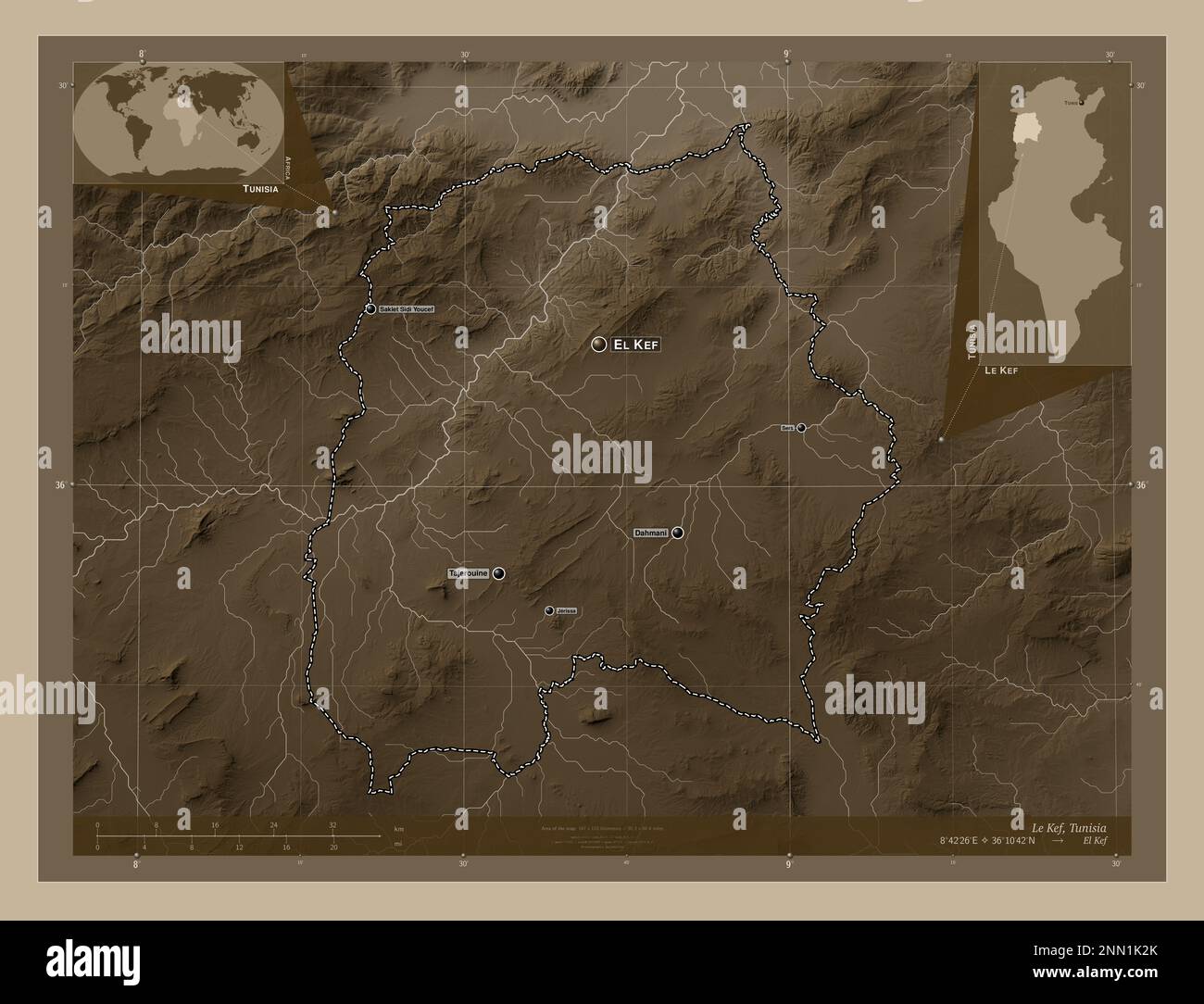 Le Kef, governorate of Tunisia. Elevation map colored in sepia tones ...