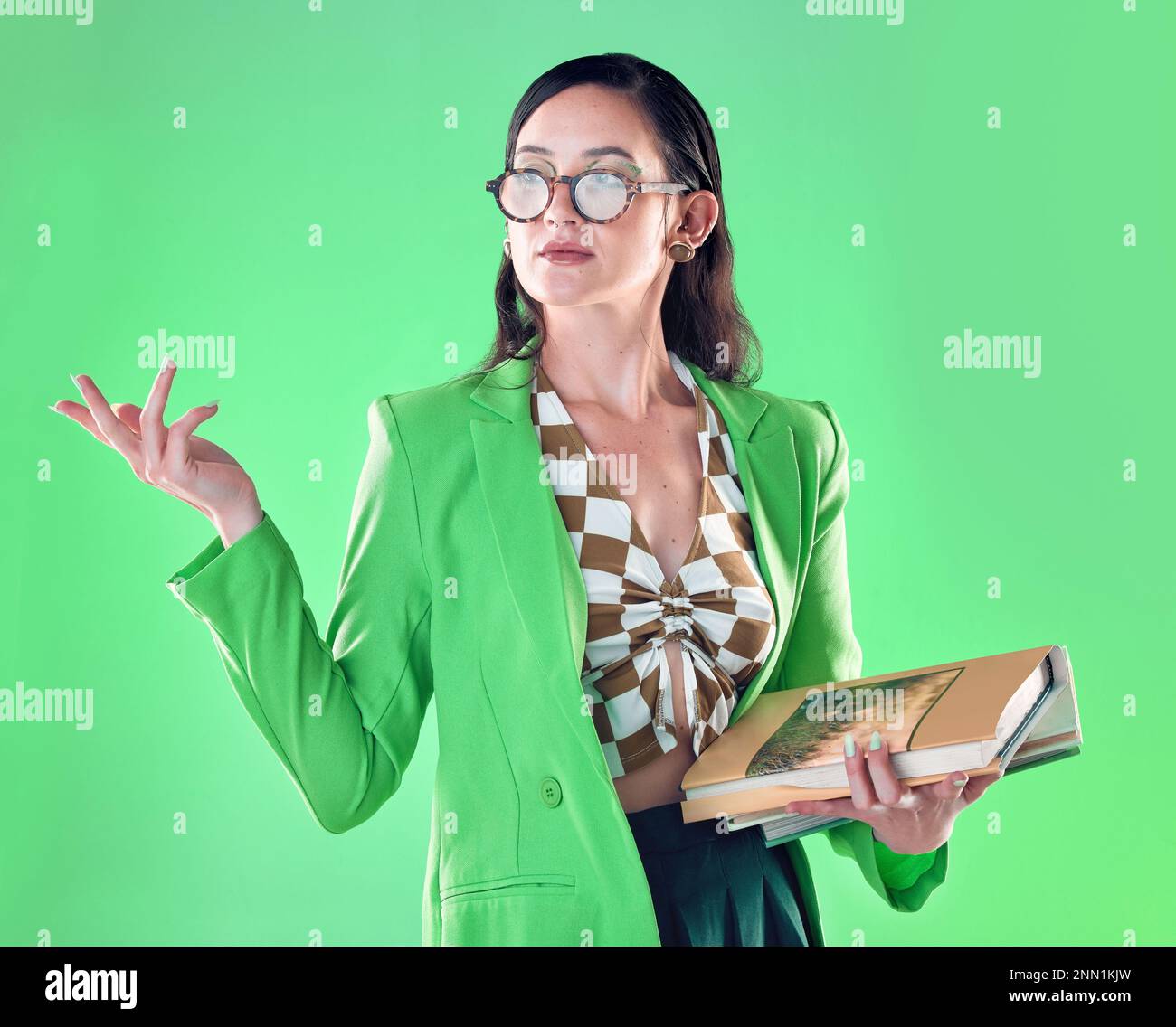 Woman, books and teacher mockup in studio isolated on a green ...