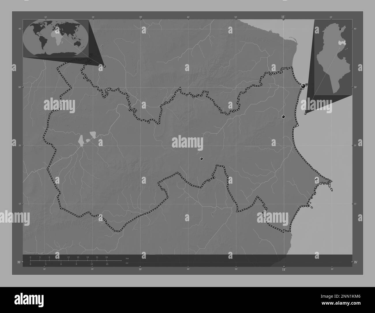 Mahdia, governorate of Tunisia. Bilevel elevation map with lakes and ...