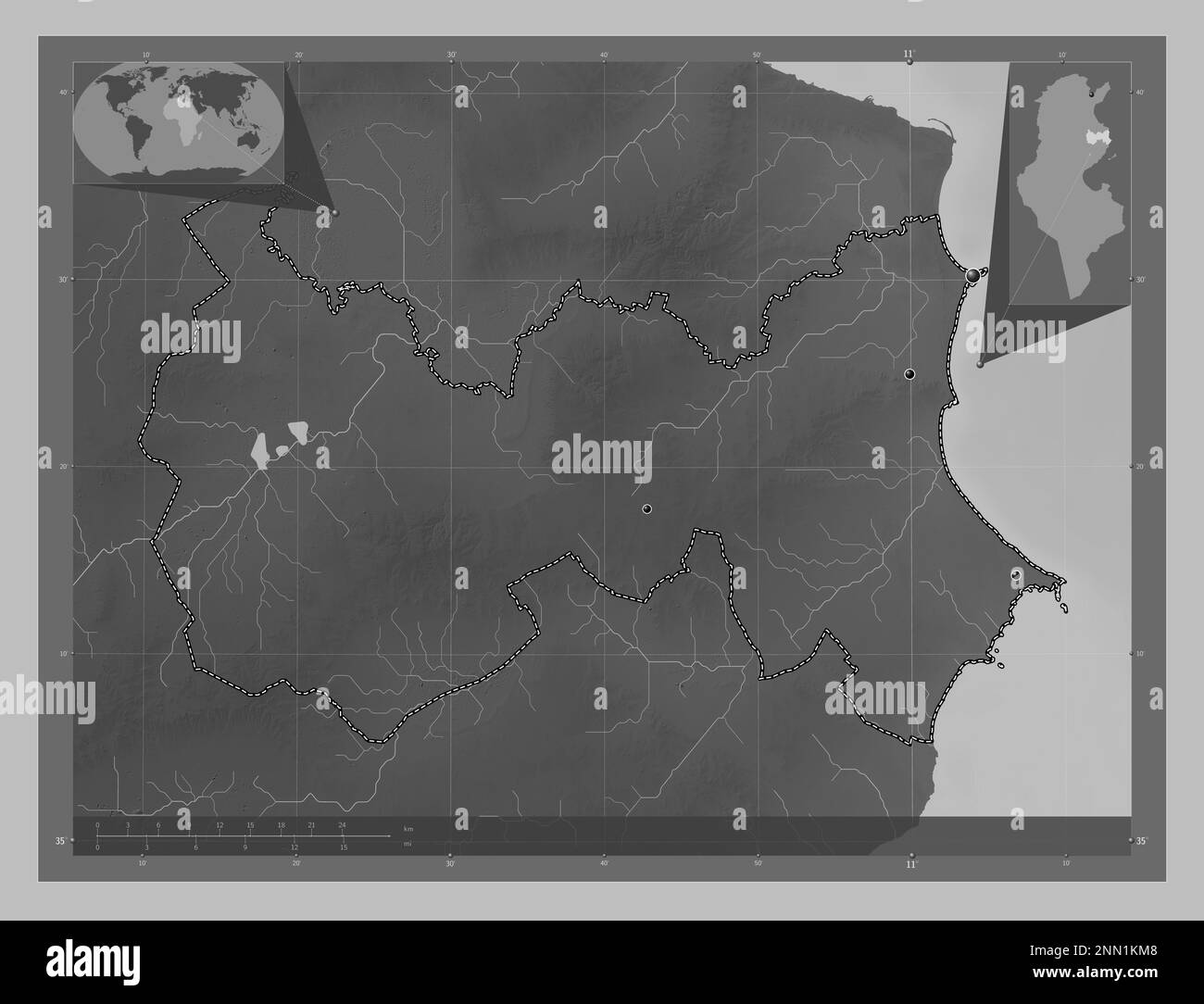 Mahdia, governorate of Tunisia. Grayscale elevation map with lakes and ...