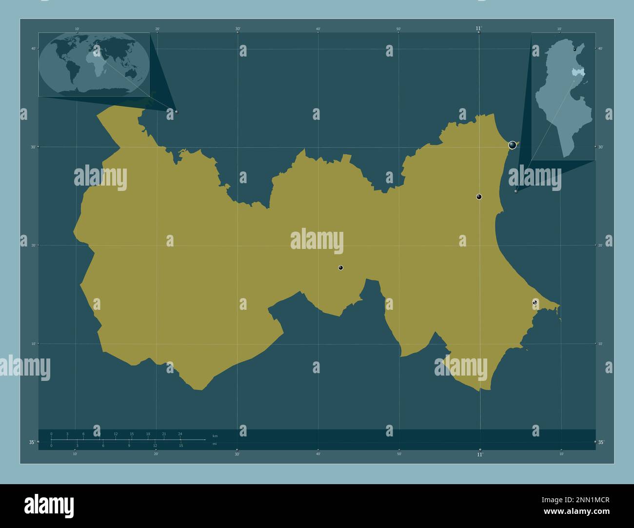 Mahdia, governorate of Tunisia. Solid color shape. Locations of major ...