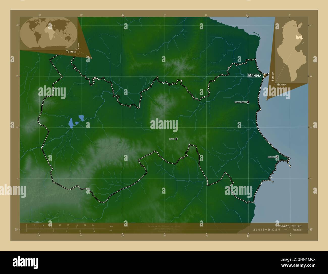 Mahdia, governorate of Tunisia. Colored elevation map with lakes and ...