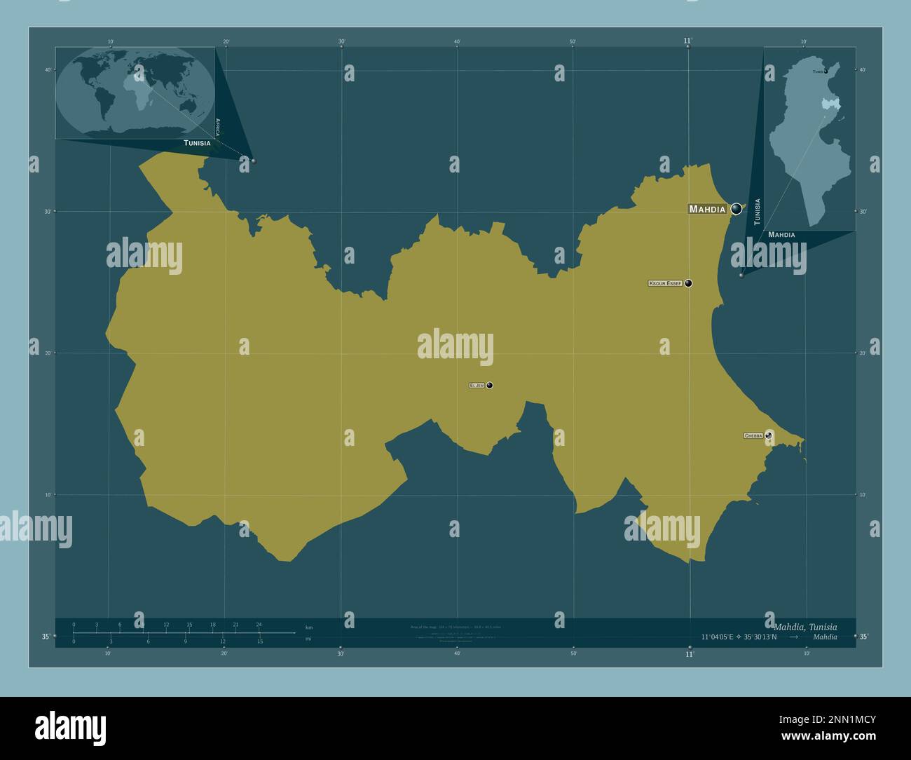 Mahdia, governorate of Tunisia. Solid color shape. Locations and names ...