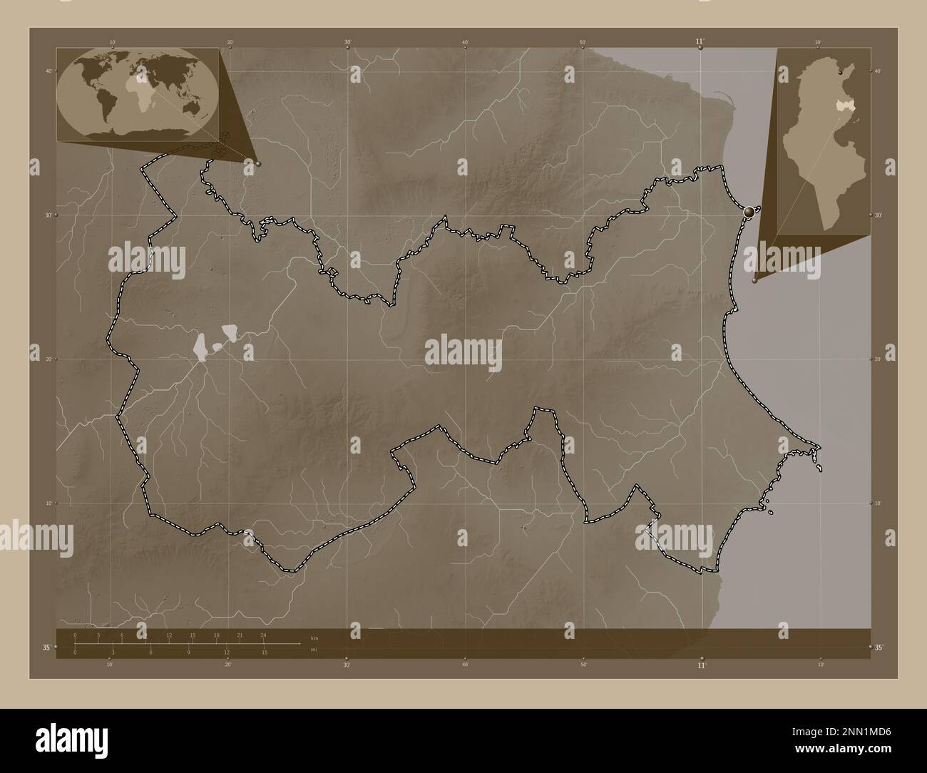 Mahdia, governorate of Tunisia. Elevation map colored in sepia tones ...