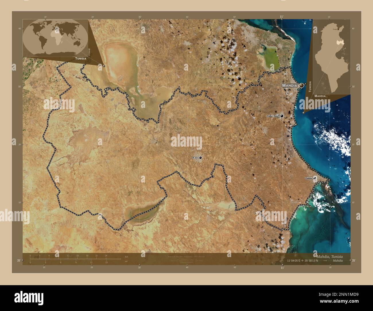 Mahdia, governorate of Tunisia. Low resolution satellite map. Locations ...