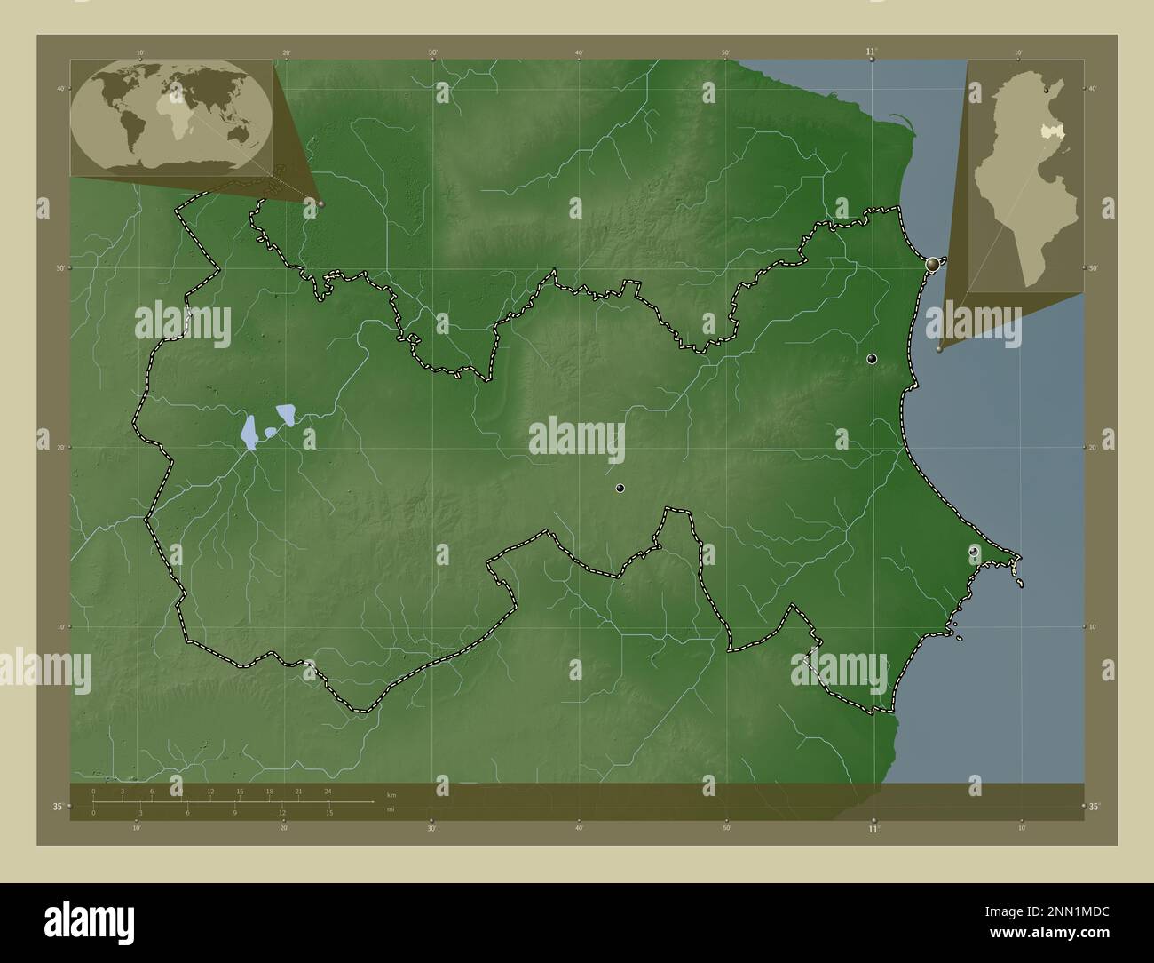 Mahdia, governorate of Tunisia. Elevation map colored in wiki style ...