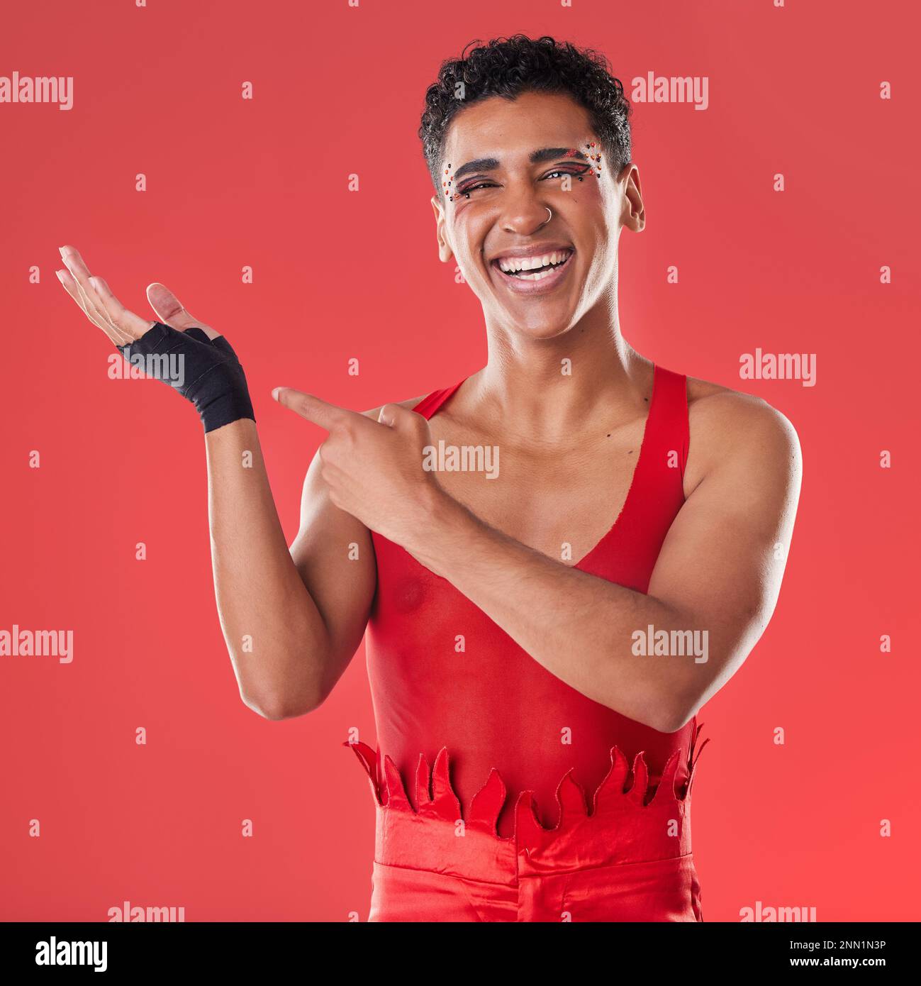 Hands, mockup and portrait of gen z man pointing in studio for makeup ...