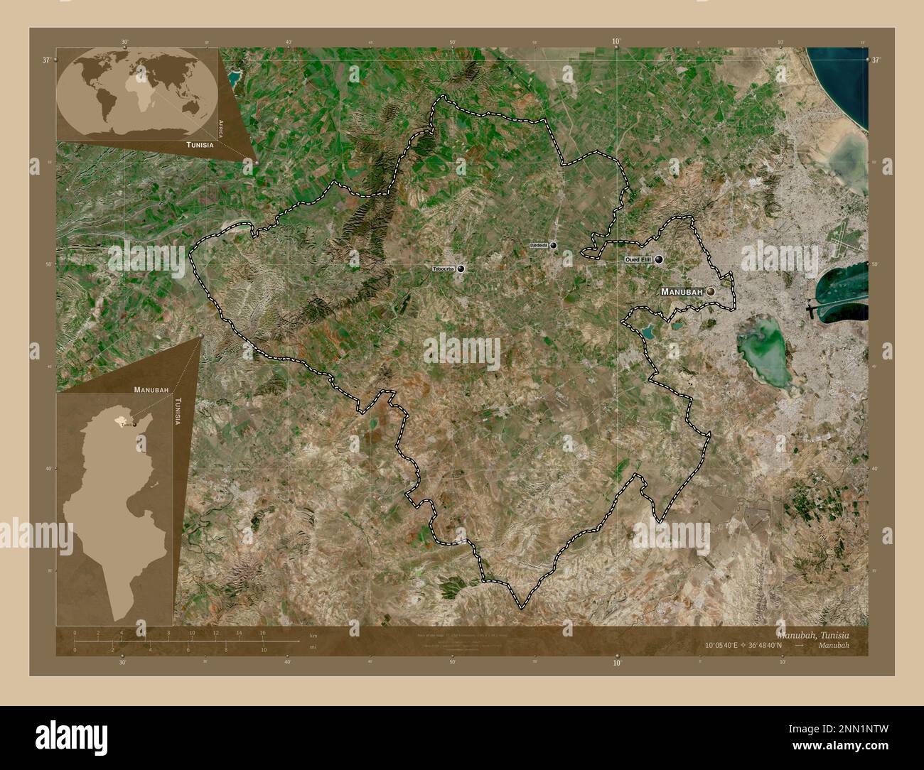 Manubah, governorate of Tunisia. Low resolution satellite map ...