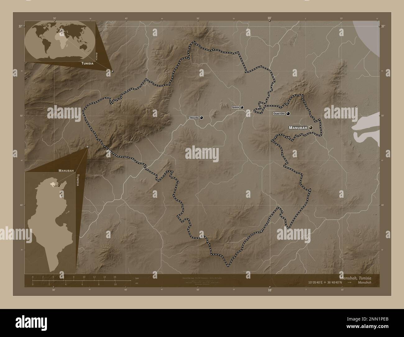Manubah, governorate of Tunisia. Elevation map colored in sepia tones ...