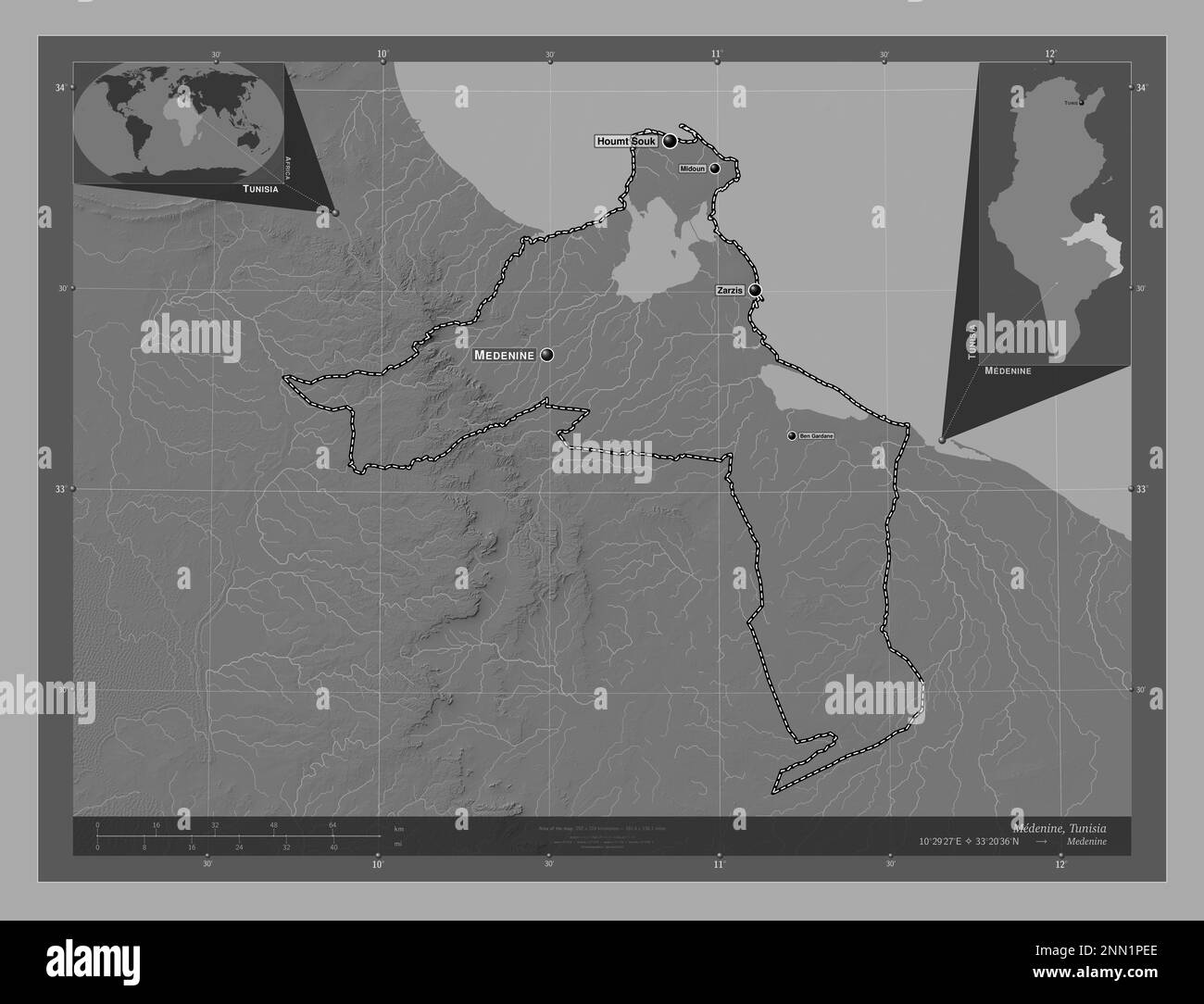 Medenine, governorate of Tunisia. Bilevel elevation map with lakes and ...
