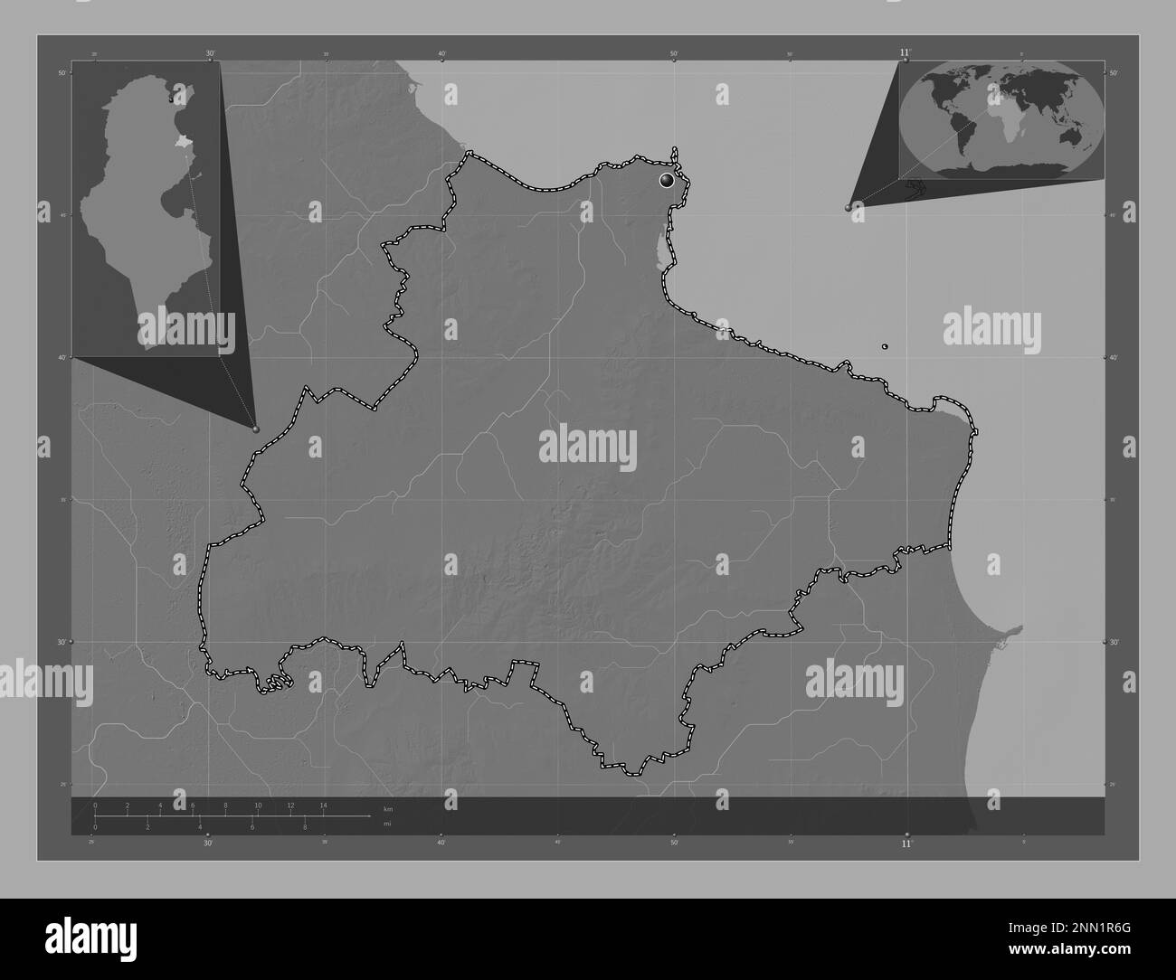 Monastir, governorate of Tunisia. Bilevel elevation map with lakes and ...