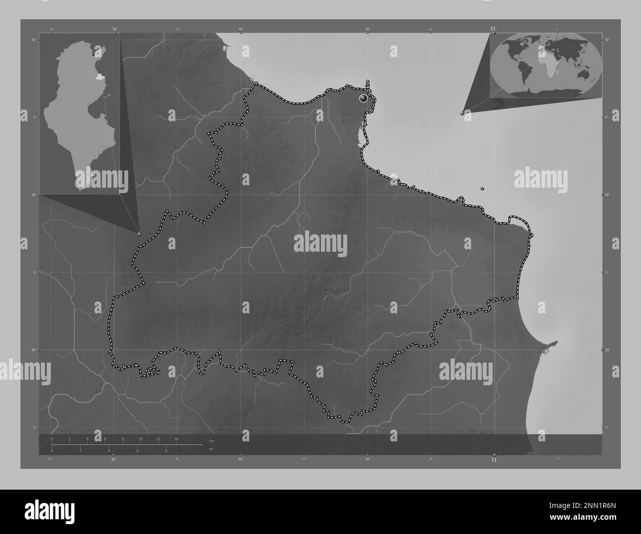 Monastir, governorate of Tunisia. Grayscale elevation map with lakes ...