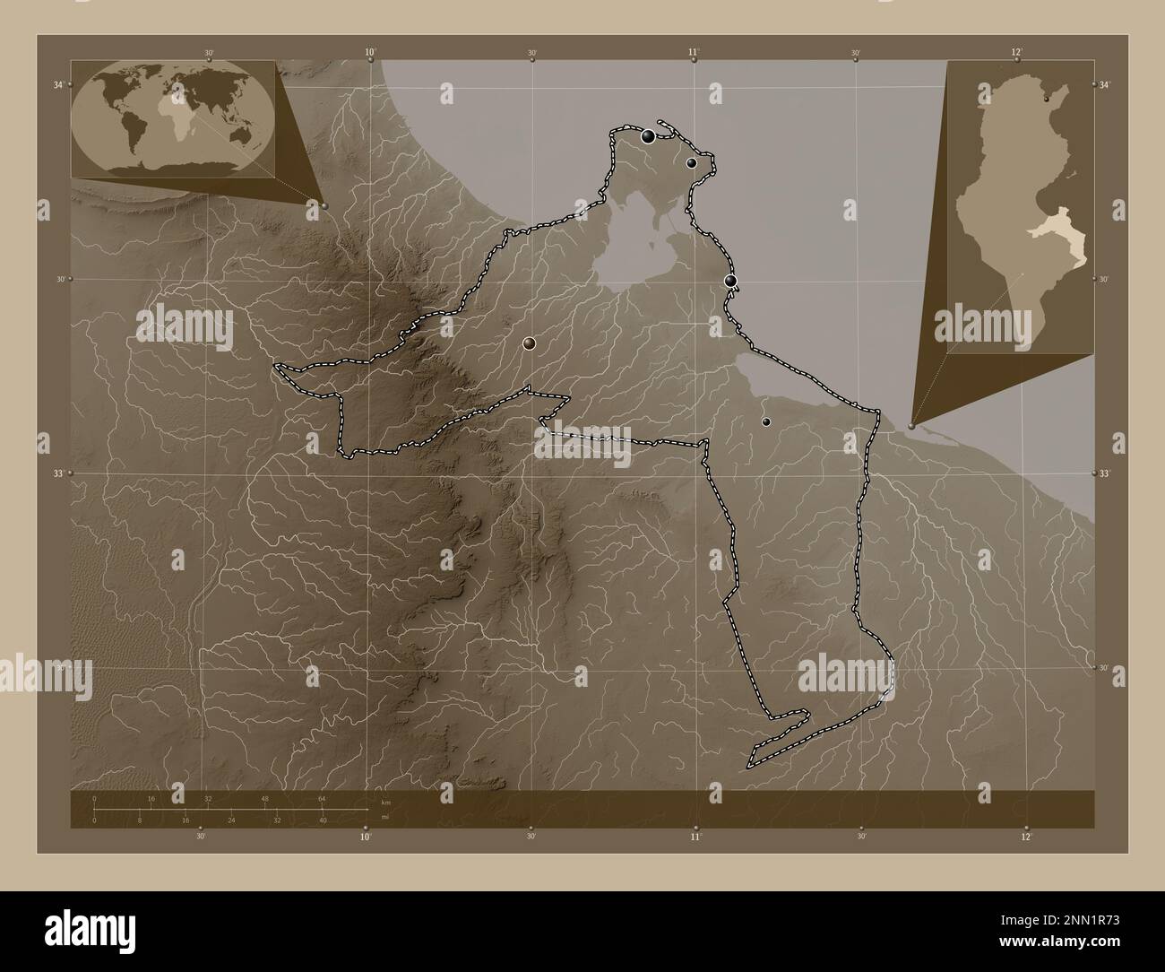 Medenine, governorate of Tunisia. Elevation map colored in sepia tones ...