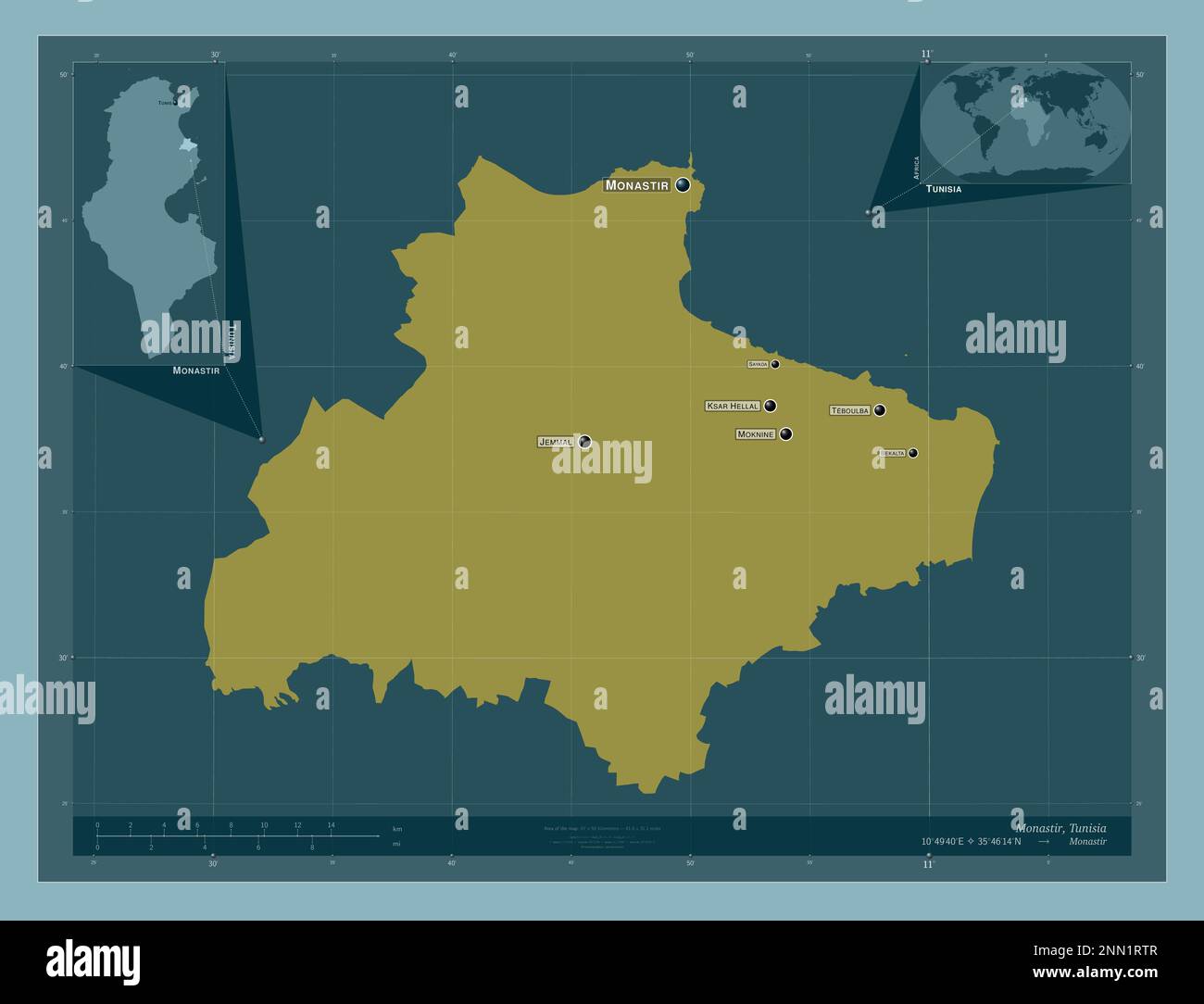 Monastir, governorate of Tunisia. Solid color shape. Locations and ...