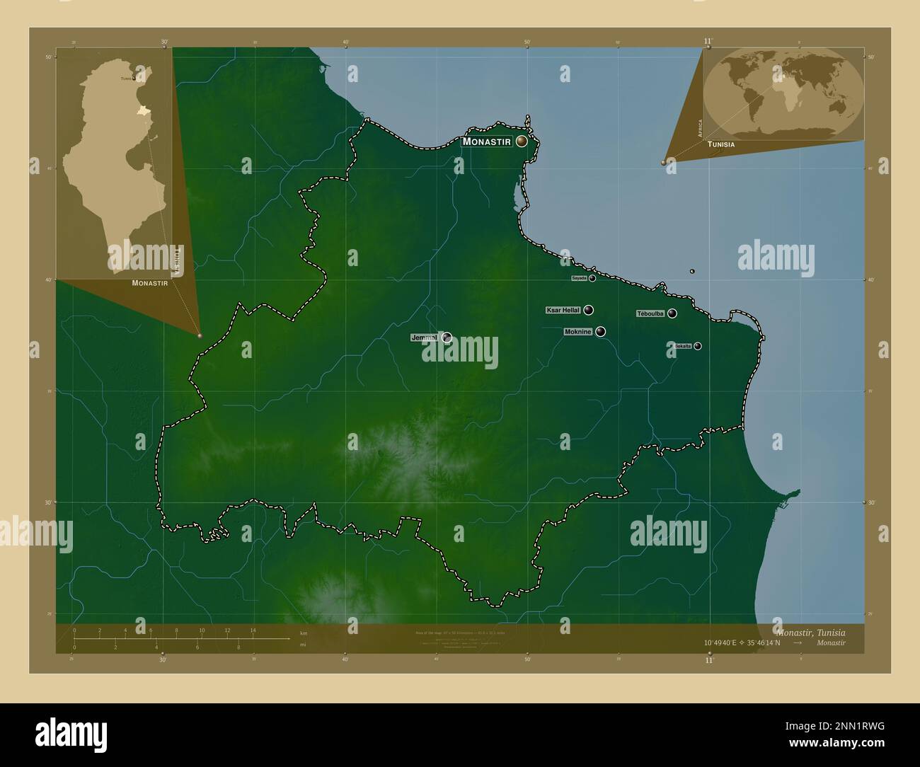 Monastir, governorate of Tunisia. Colored elevation map with lakes and ...