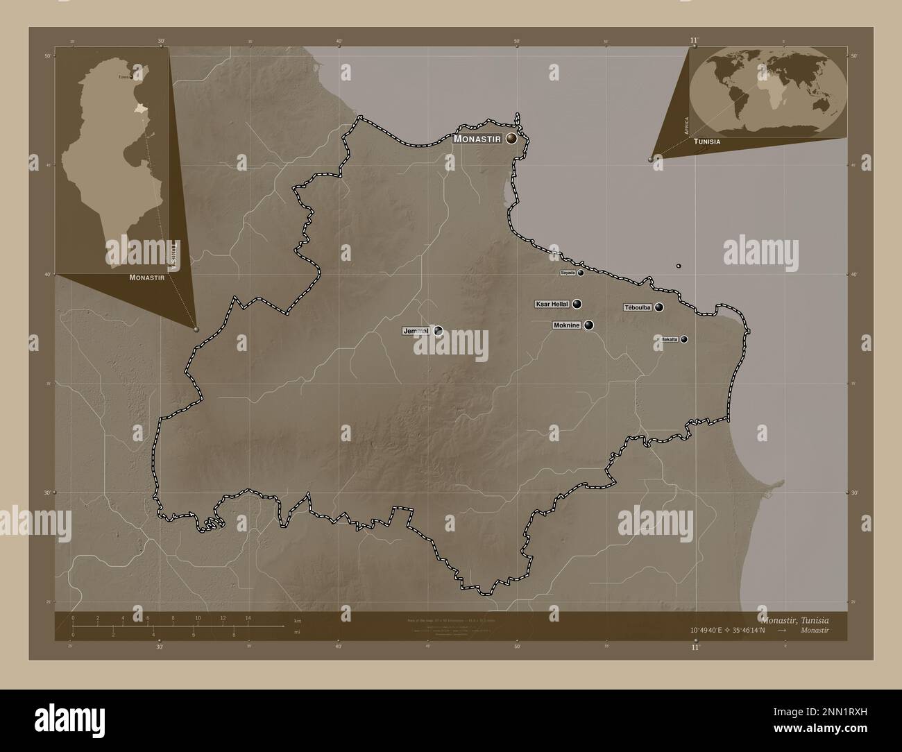Monastir, governorate of Tunisia. Elevation map colored in sepia tones ...