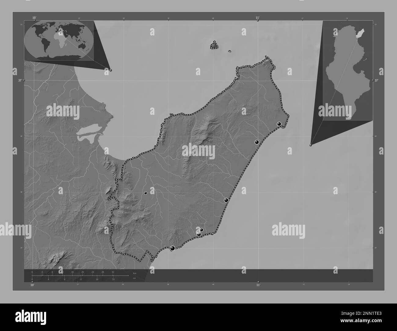Nabeul, governorate of Tunisia. Bilevel elevation map with lakes and ...