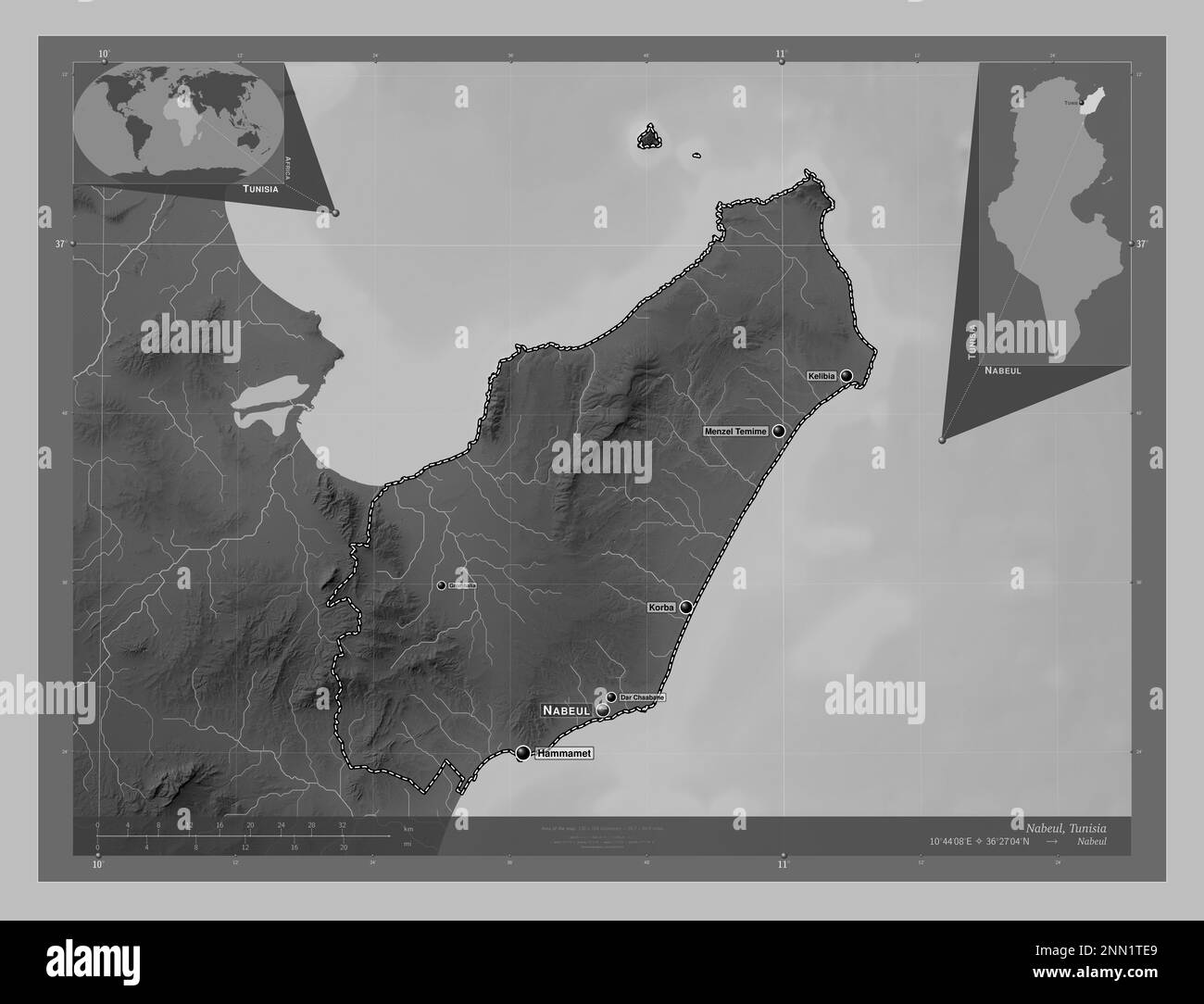 Nabeul, governorate of Tunisia. Grayscale elevation map with lakes and ...