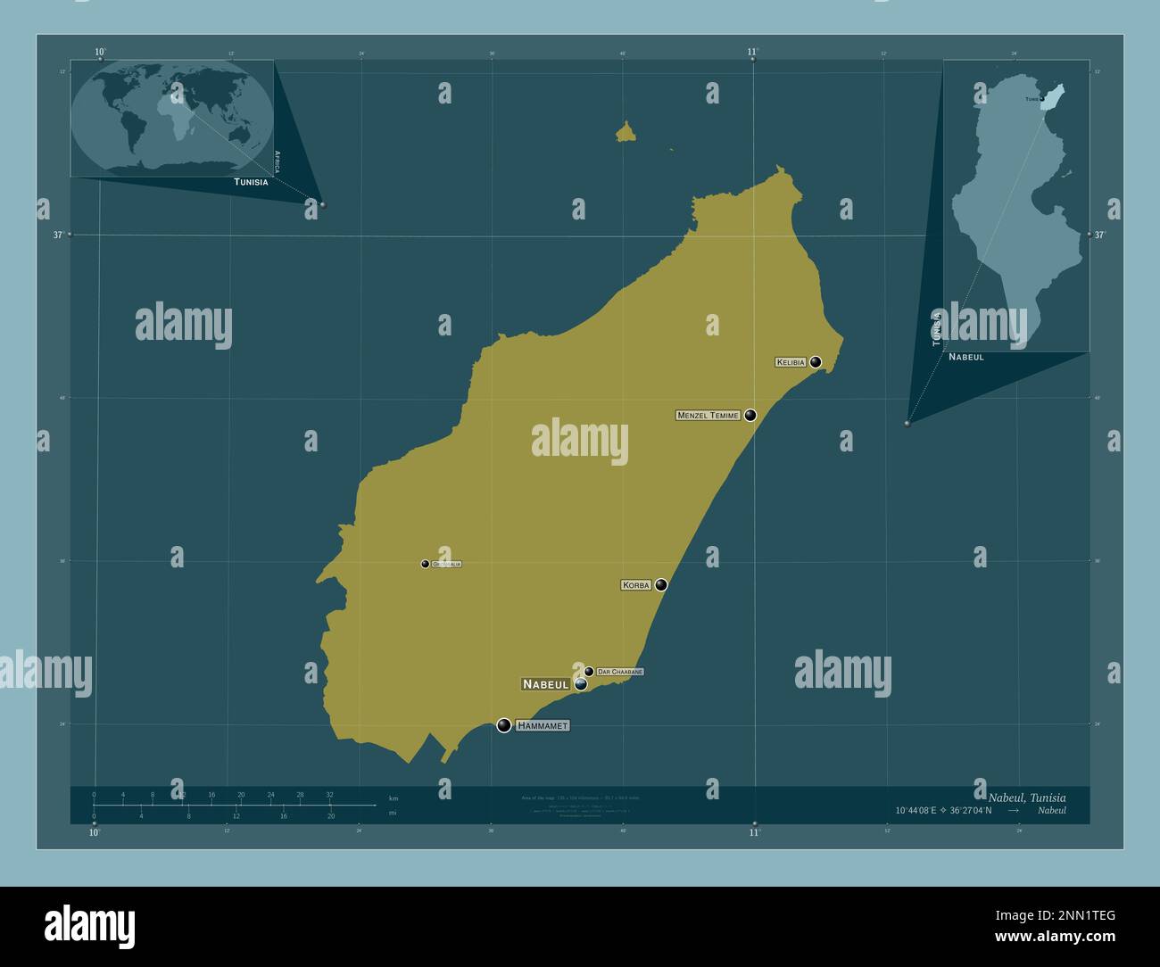 Nabeul, governorate of Tunisia. Solid color shape. Locations and names ...