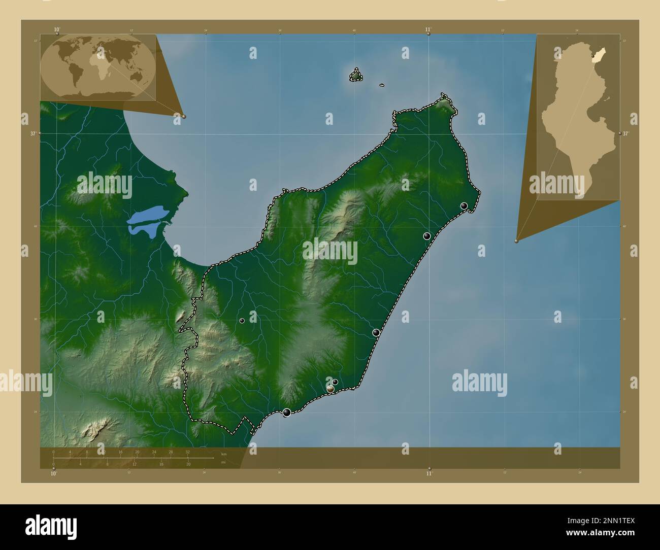 Nabeul, governorate of Tunisia. Colored elevation map with lakes and ...