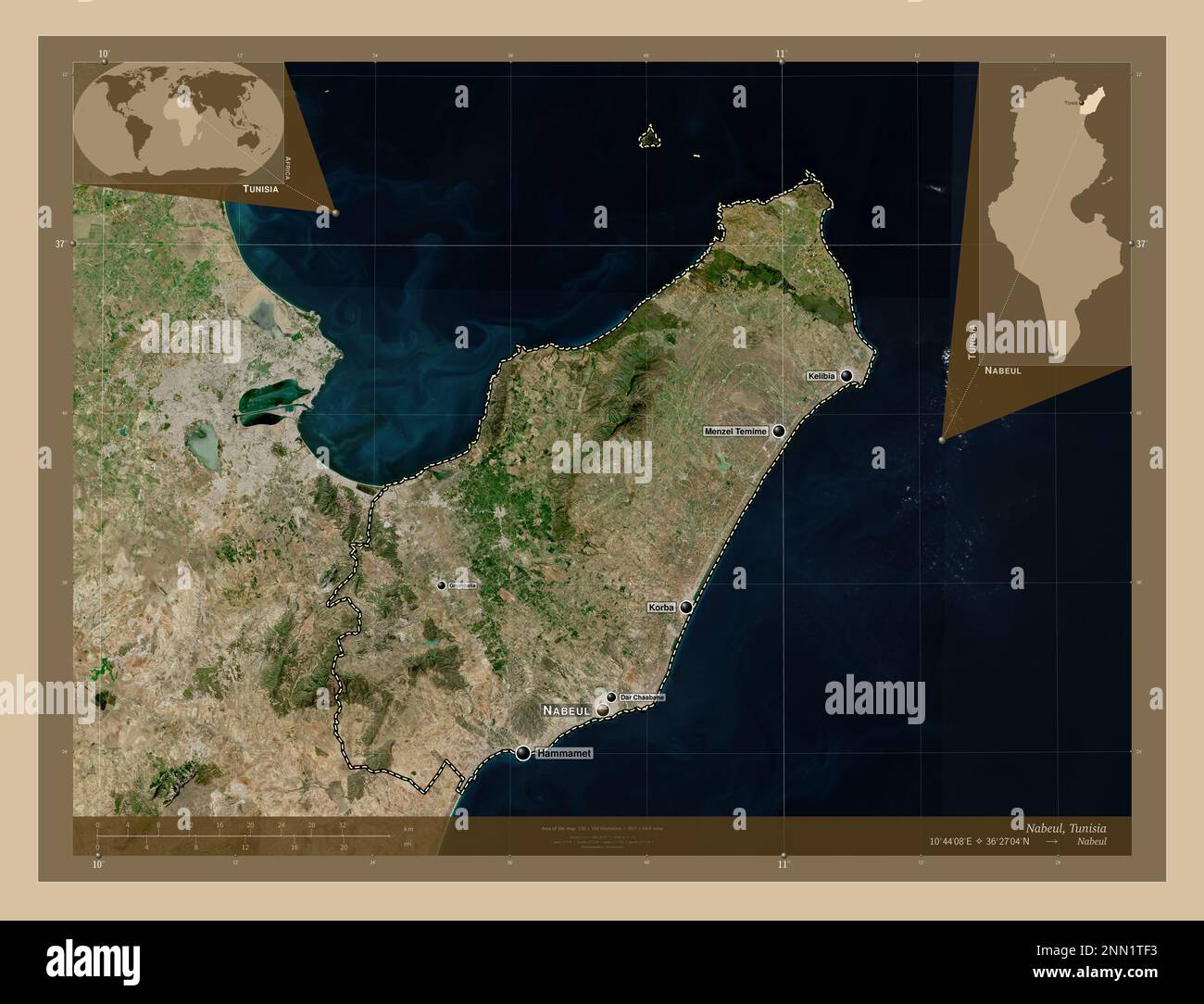 Nabeul, governorate of Tunisia. Low resolution satellite map. Locations ...