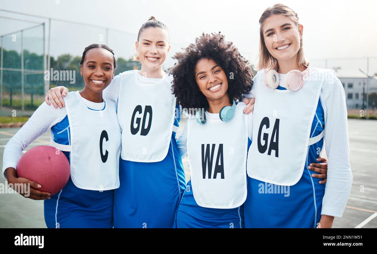 Netball, group and friends in portrait, women on outdoor court and ...