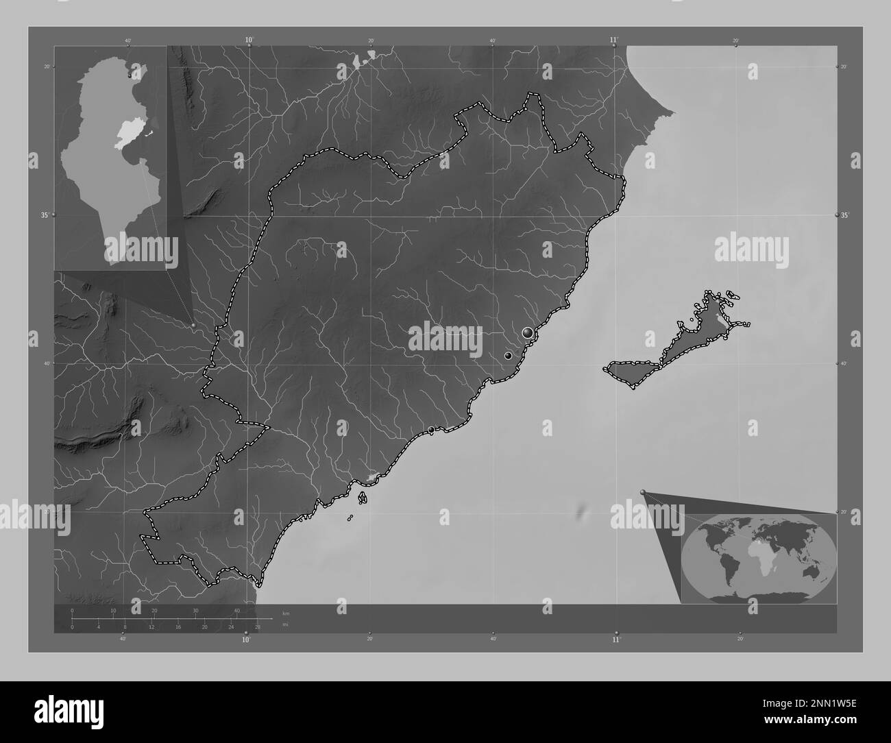 Sfax, governorate of Tunisia. Grayscale elevation map with lakes and ...