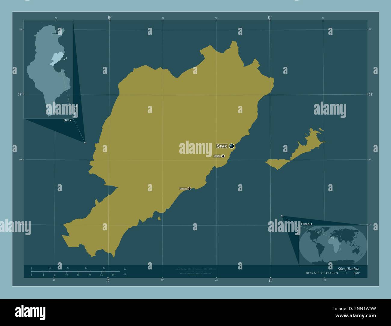 Sfax, governorate of Tunisia. Solid color shape. Locations and names of ...