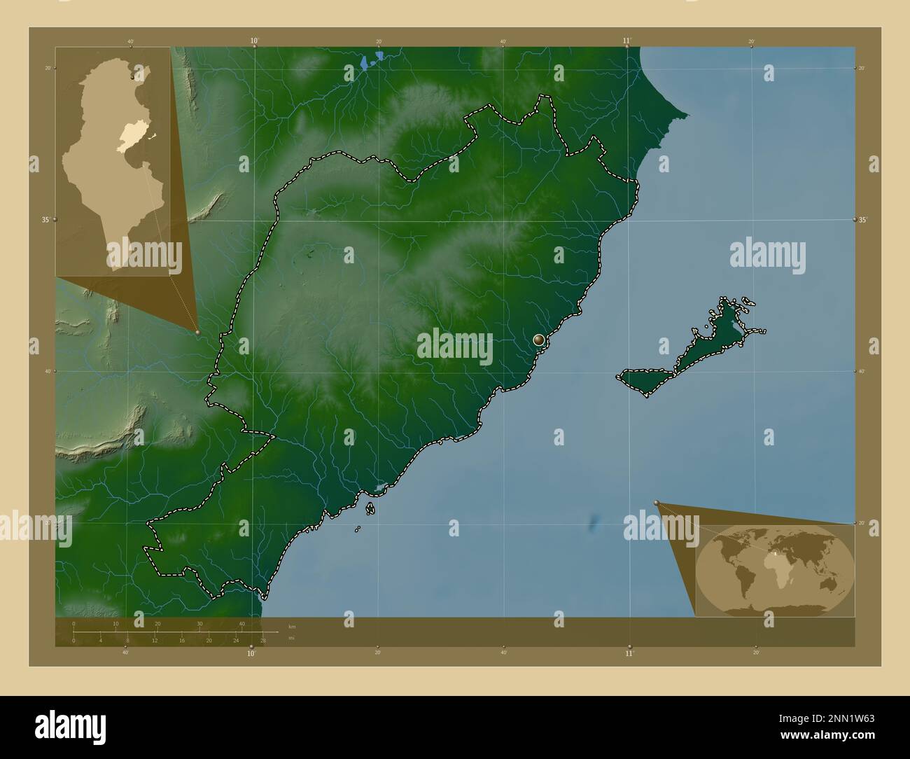 Sfax, governorate of Tunisia. Colored elevation map with lakes and ...