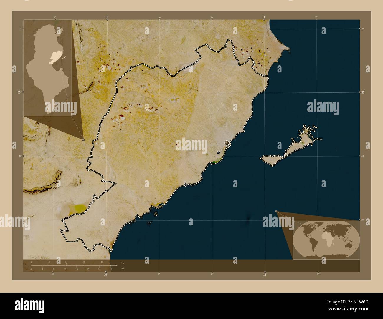 Sfax, governorate of Tunisia. Low resolution satellite map. Locations ...