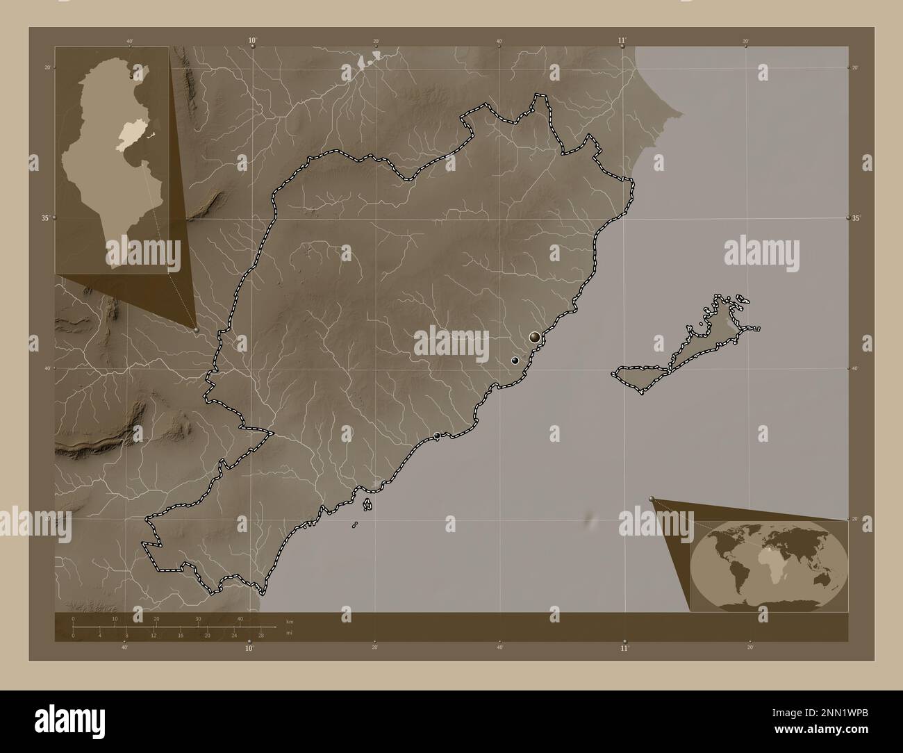 Sfax, governorate of Tunisia. Elevation map colored in sepia tones with ...