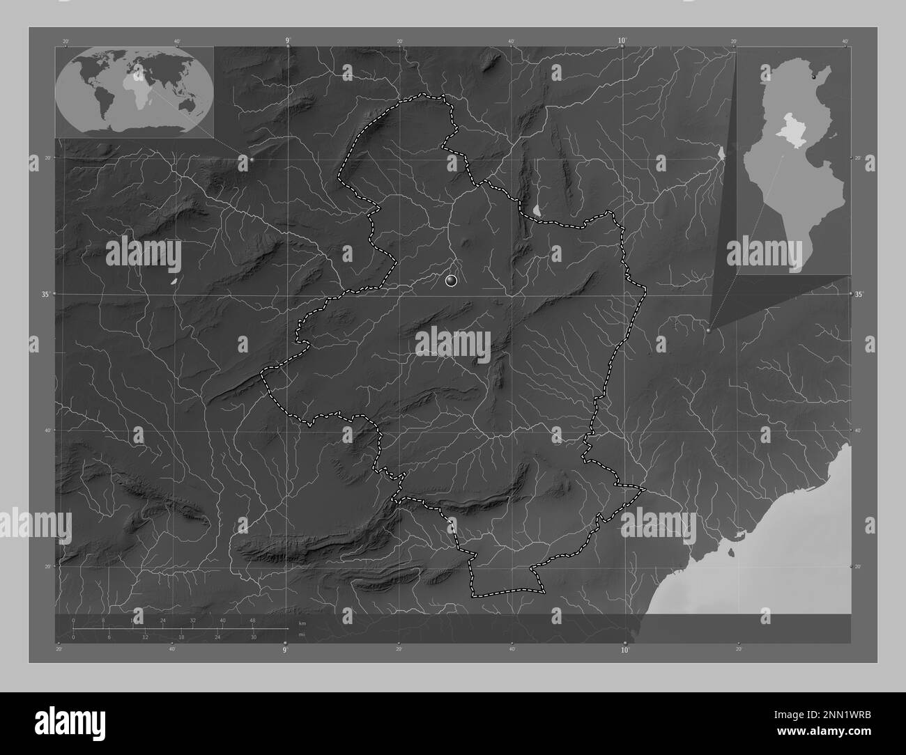 Sidi Bou Zid, governorate of Tunisia. Grayscale elevation map with ...