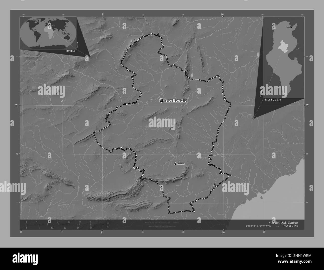 Sidi Bou Zid, governorate of Tunisia. Bilevel elevation map with lakes ...