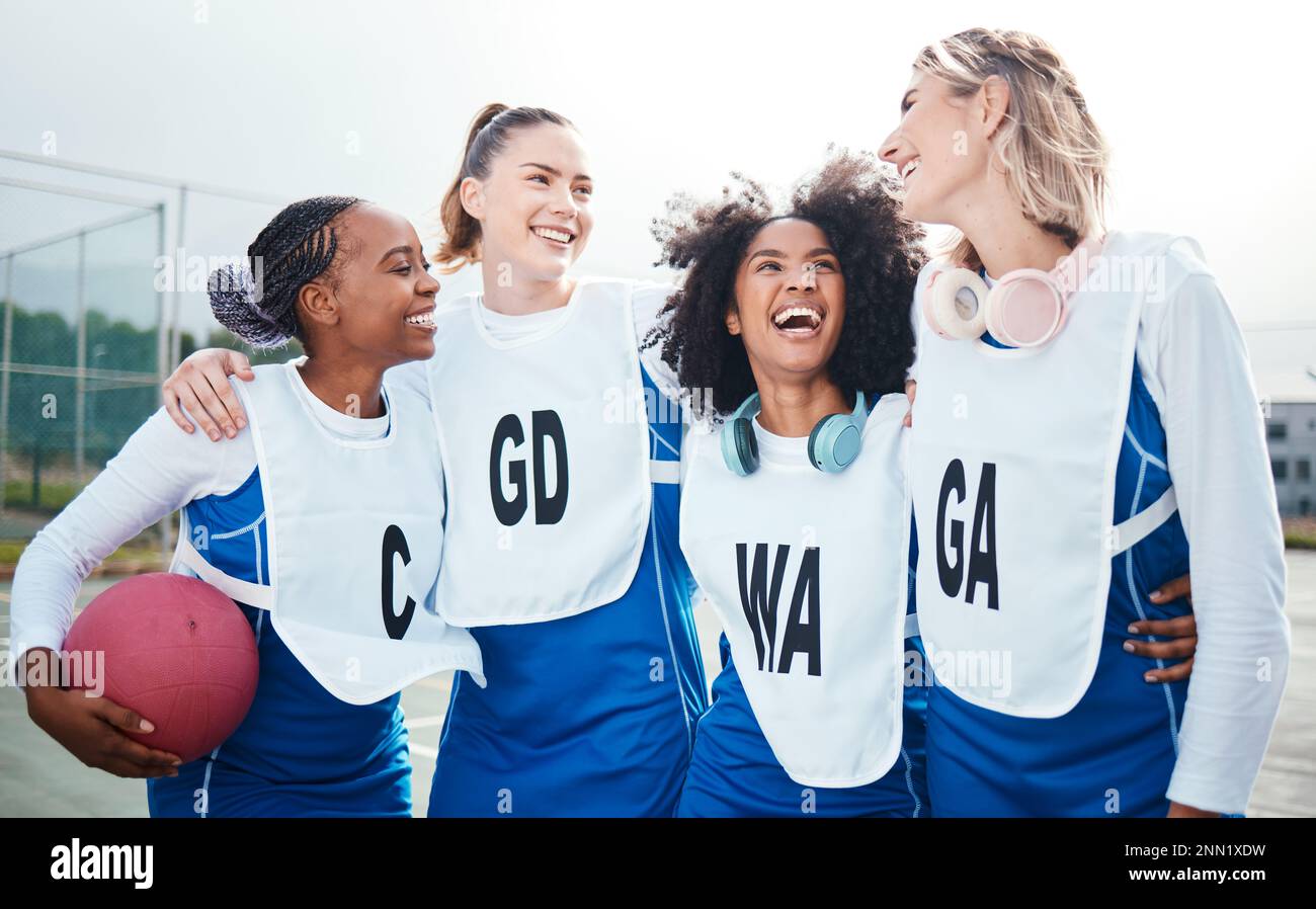 Netball, team and friends laugh, women on outdoor court together and ...