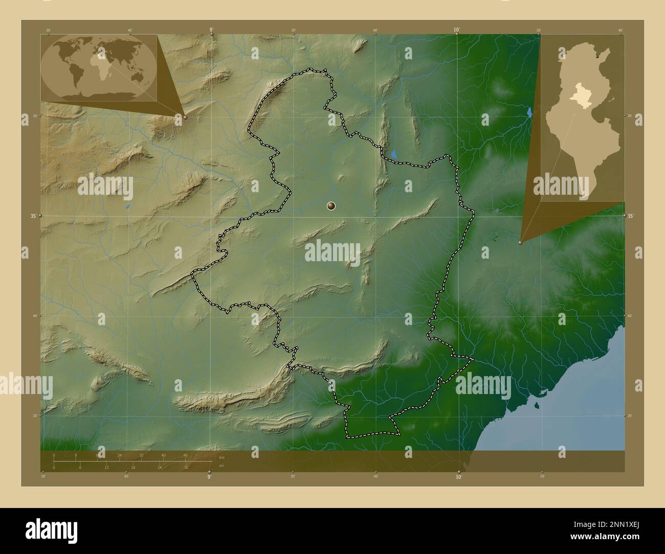 Sidi Bou Zid, governorate of Tunisia. Colored elevation map with lakes ...