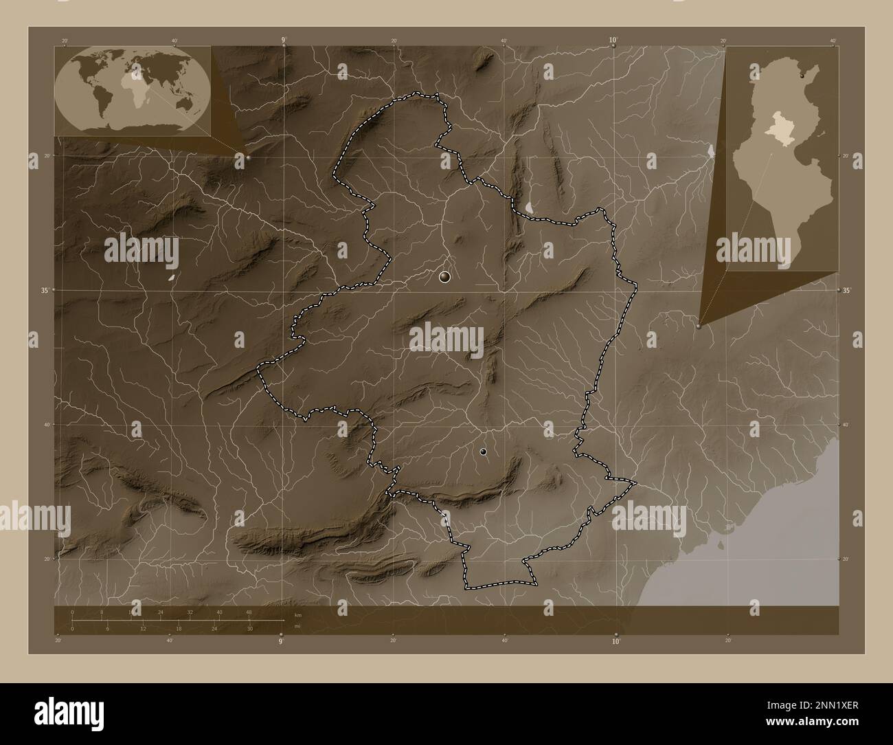Sidi Bou Zid, governorate of Tunisia. Elevation map colored in sepia ...