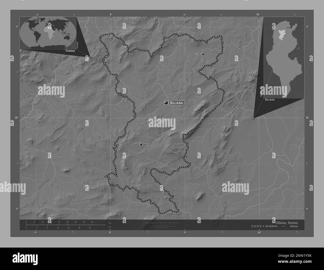 Siliana, governorate of Tunisia. Bilevel elevation map with lakes and ...
