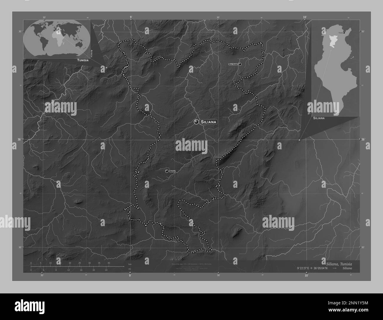 Siliana, governorate of Tunisia. Grayscale elevation map with lakes and ...