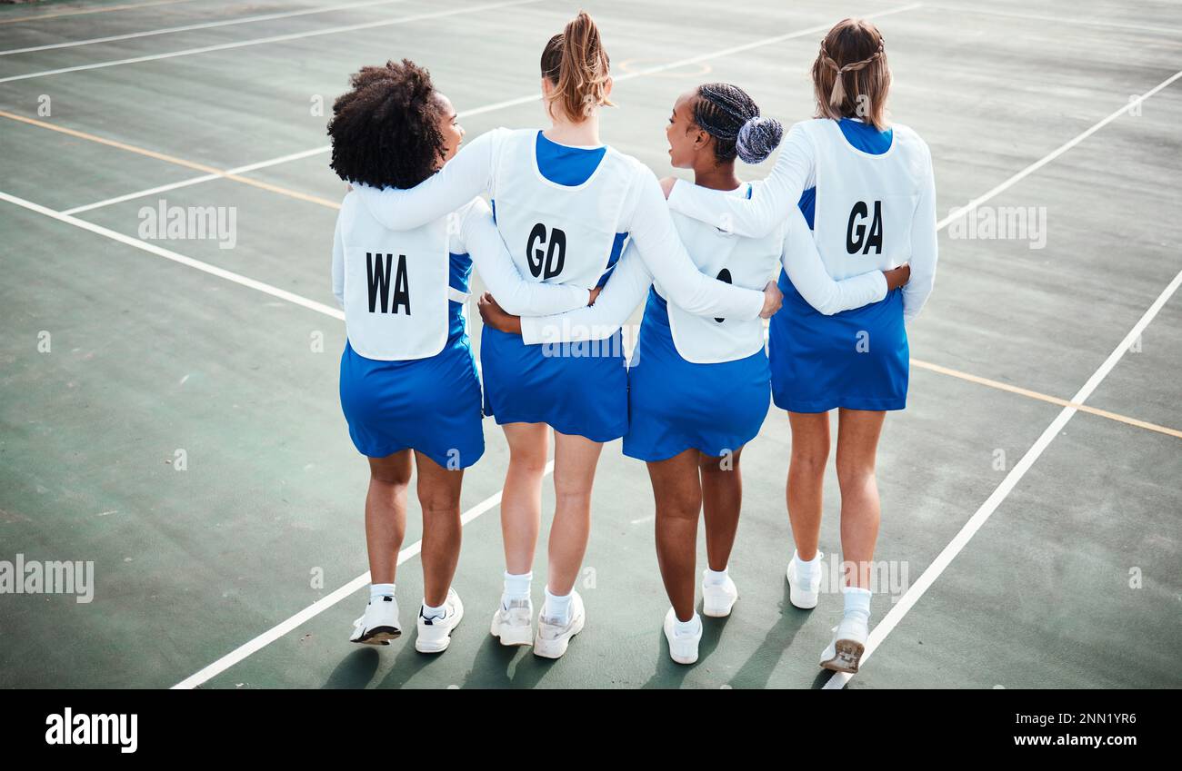 Netball team, sport on court and diversity, athlete group and training ...