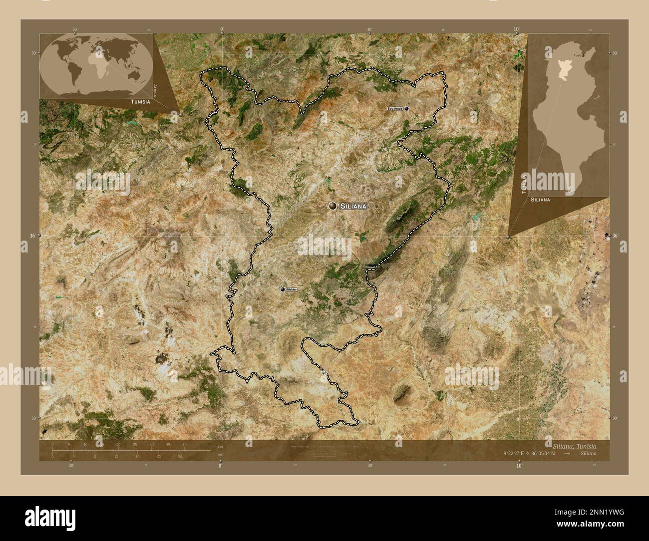 Siliana, governorate of Tunisia. Low resolution satellite map ...