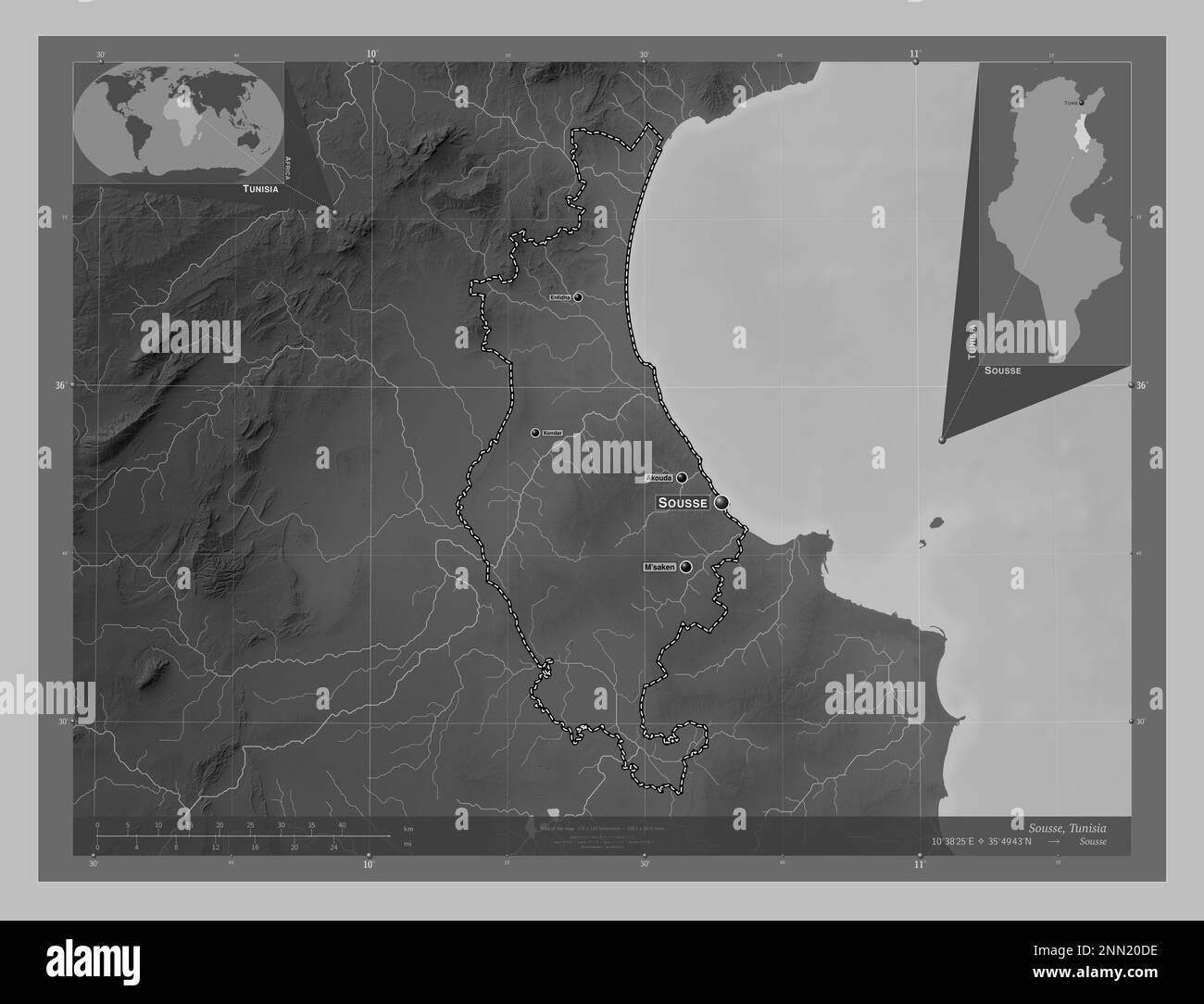 Sousse, governorate of Tunisia. Grayscale elevation map with lakes and ...