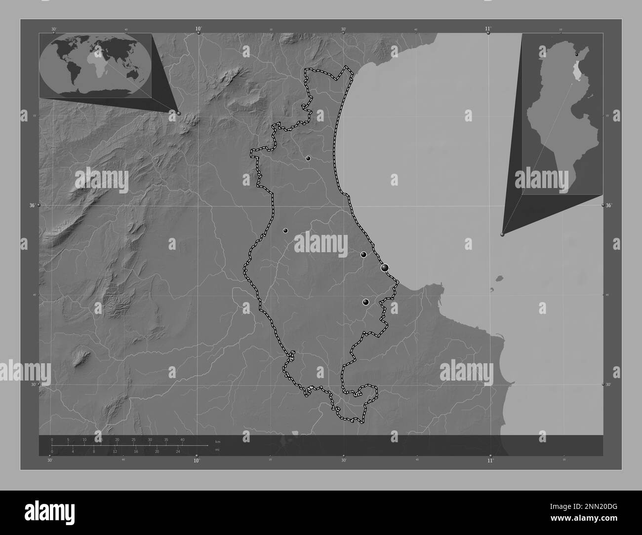 Sousse, governorate of Tunisia. Bilevel elevation map with lakes and ...