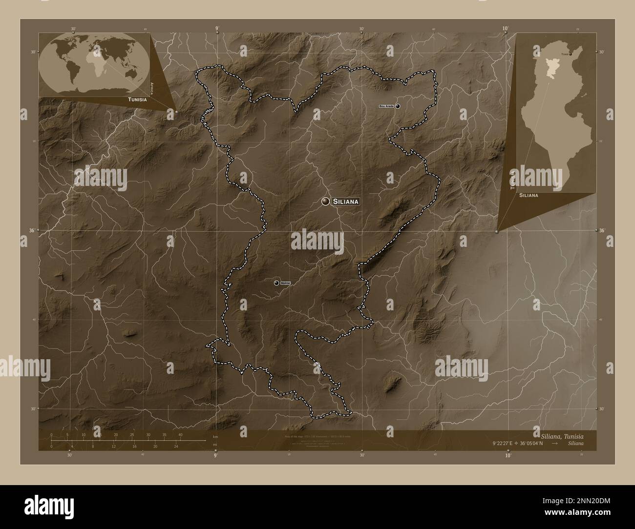Siliana, governorate of Tunisia. Elevation map colored in sepia tones ...