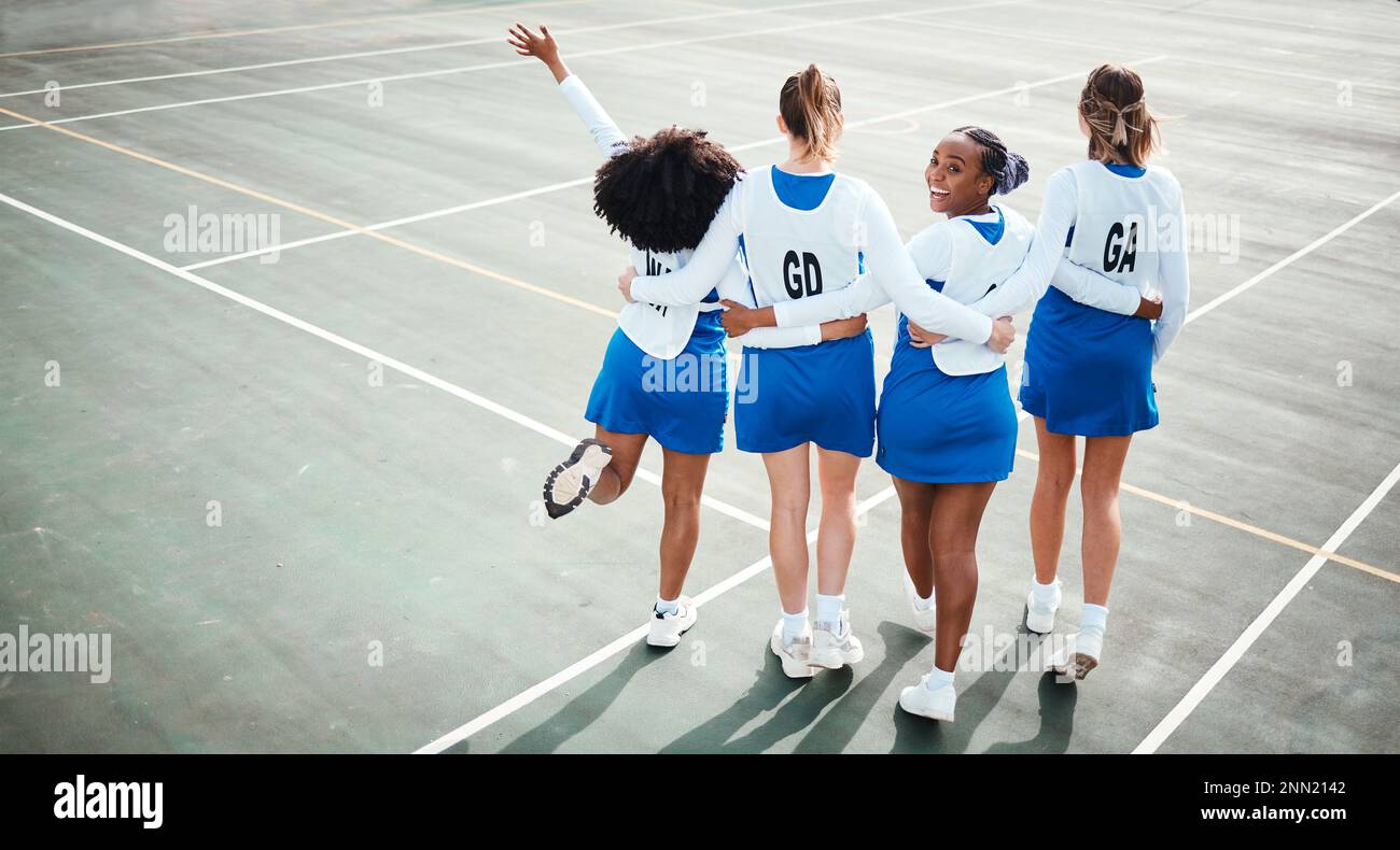 Netball team, sport on outdoor court and diversity, athlete group and ...